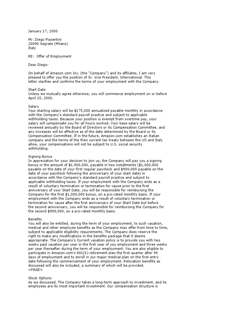 Amazon Offer of Employment 4 SR VP Intl | PDF | Payroll | Stocks