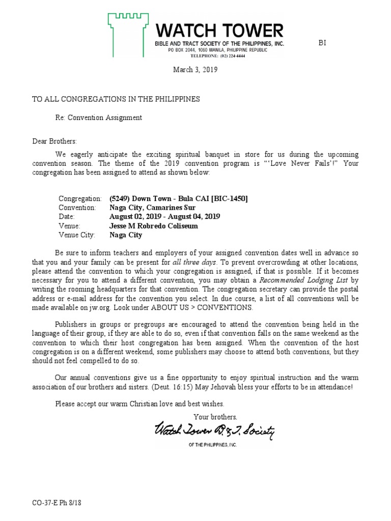 Congregation Convention Assignment Letter (W Logo) | PDF