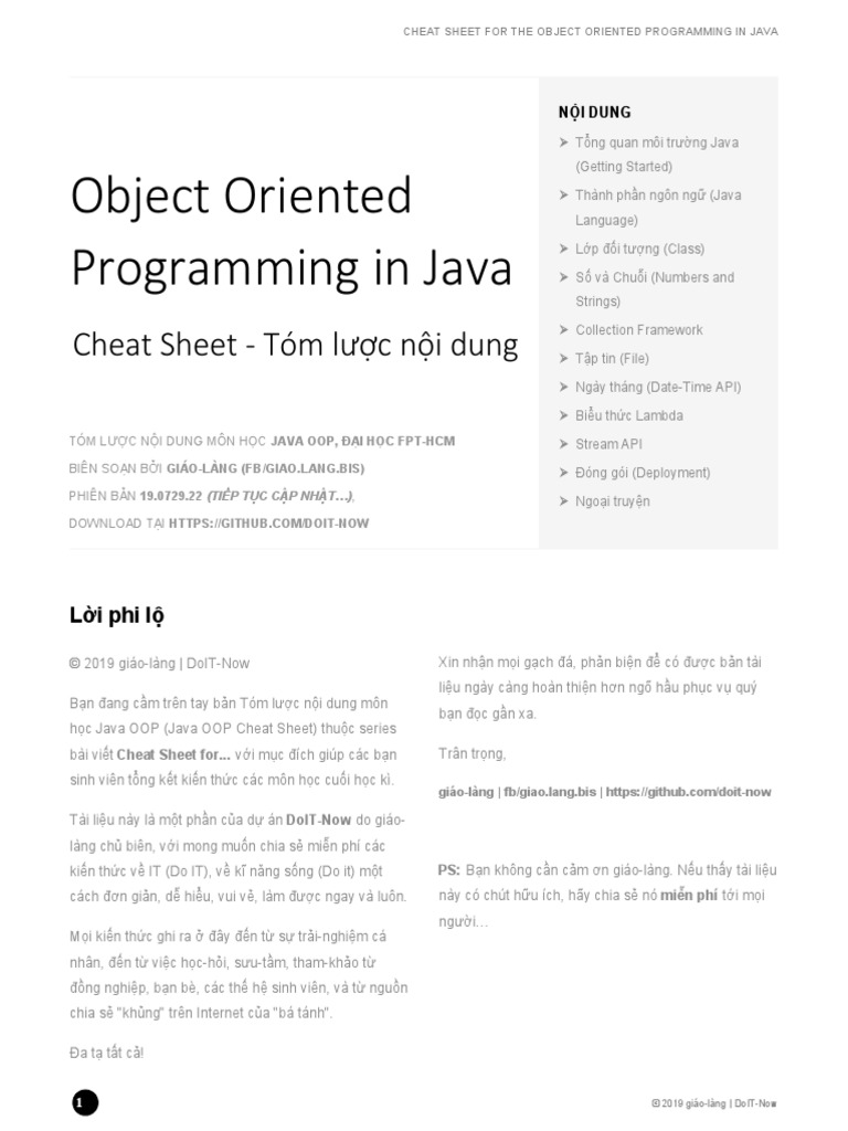 Giao Lang Java OOP Cheat Sheet - 19.0729.22 | PDF Giao Lang Java OOP Cheat Sheet - 19.0729.22 | PDF