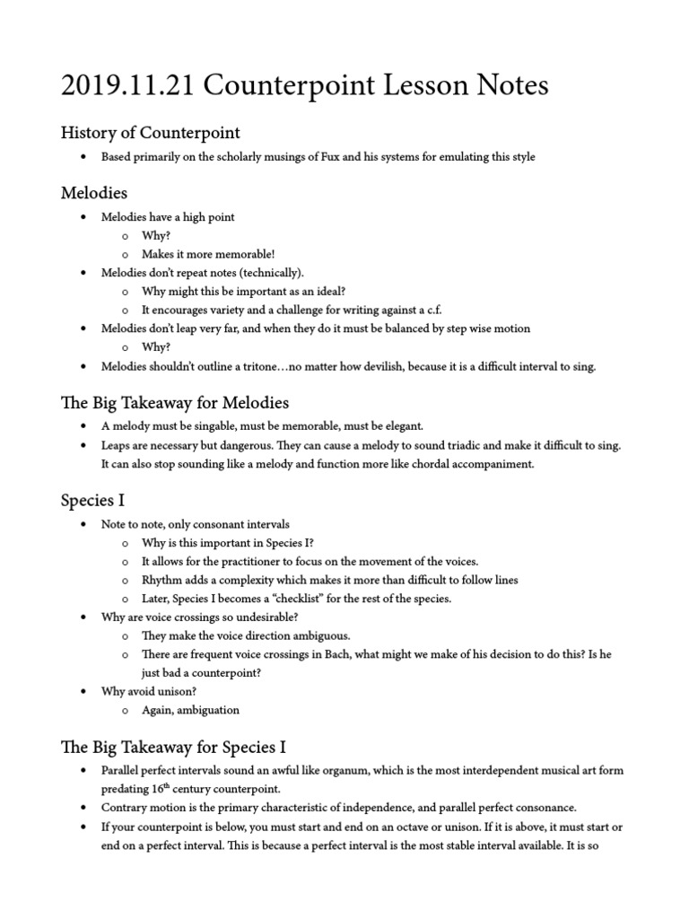Species Counterpoint Notes | PDF | Harmony | Elements Of Music