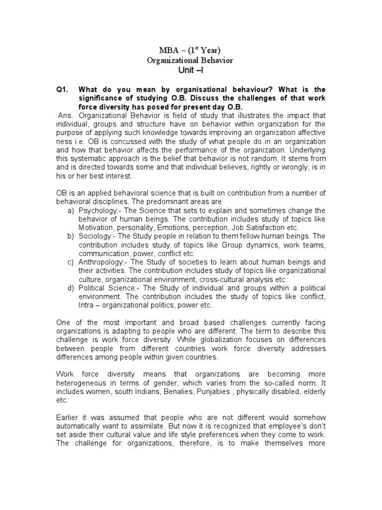 MBA - (1 Year) Organizational Behavior Unit - I | PDF | Attitude ...