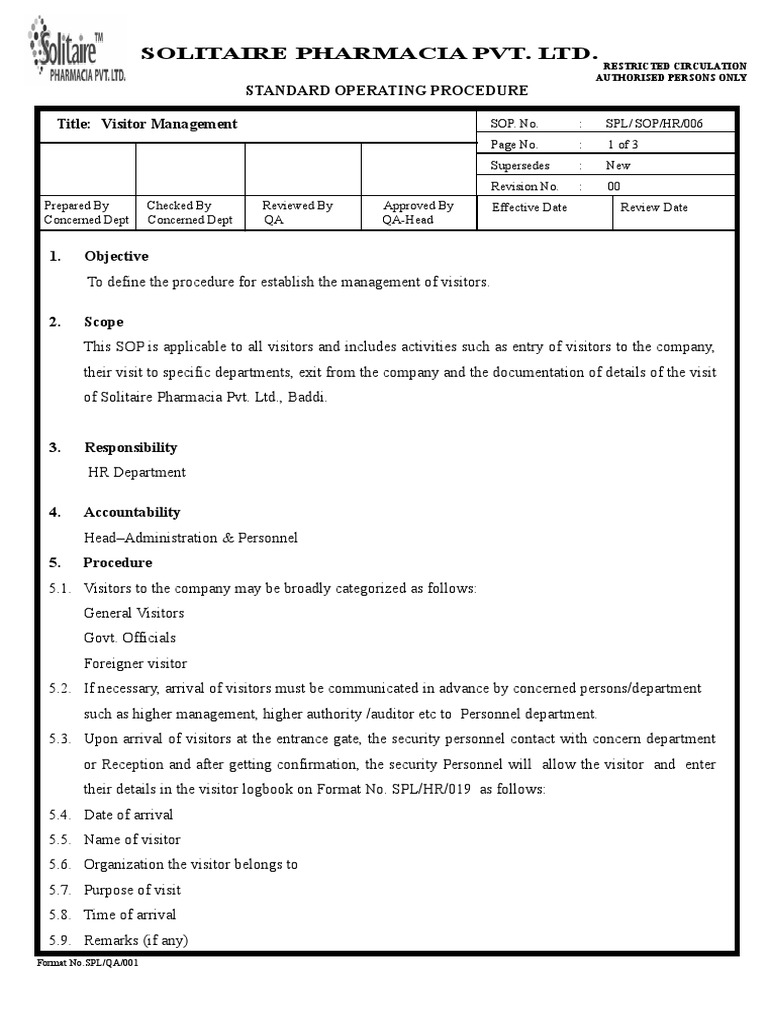 Visitor Management SOP for Pharma | PDF | Quality Assurance | Social ...