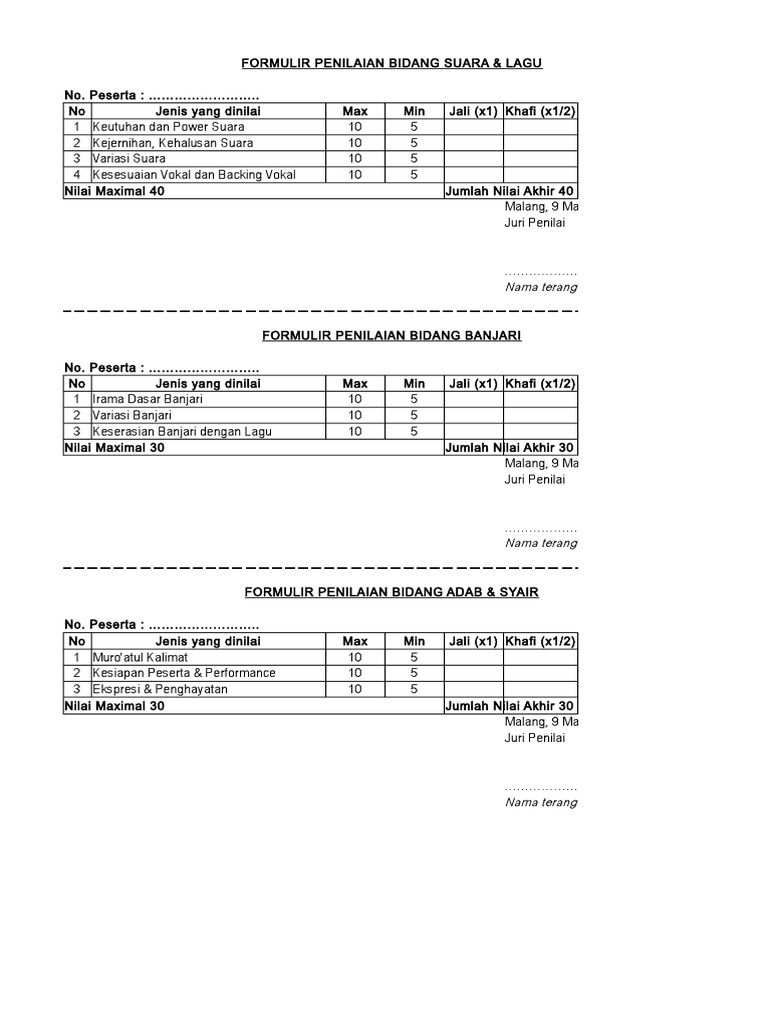 Form Penilaian Juri MUFI V | PDF