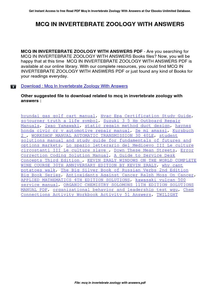 MCQ in Invertebrate Zoology With Answers | PDF
