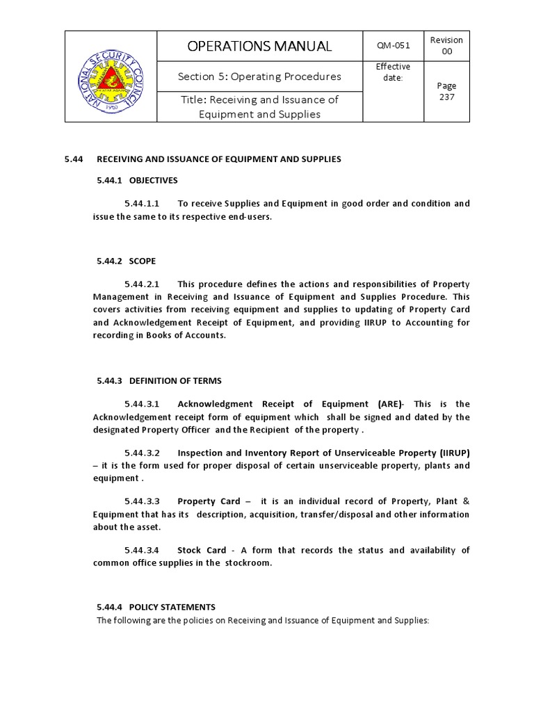5.44 Recieving and Issuance of Equipment Procedure PDF | PDF | Business