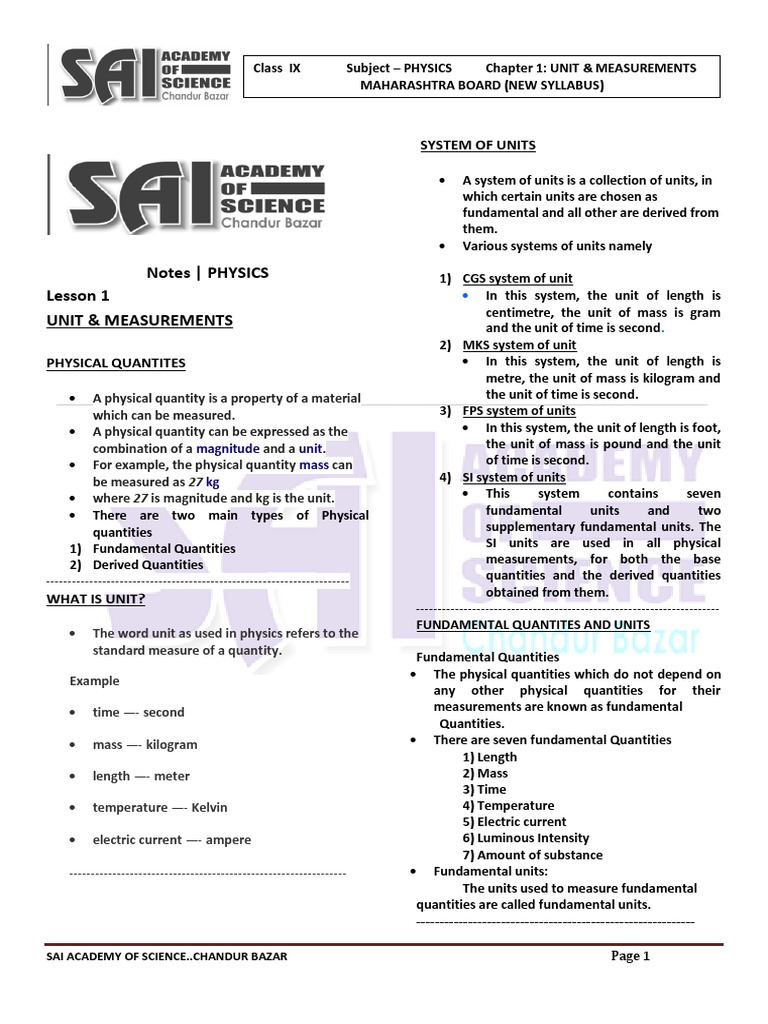 Class11 Unit 1 Unit & Measurement | PDF | Measurement | Observational Error