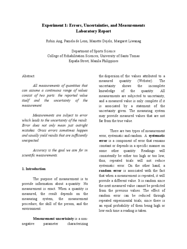 Experiment 1: Errors, Uncertainties, and Measurements Laboratory Report | PDF | Observational ...