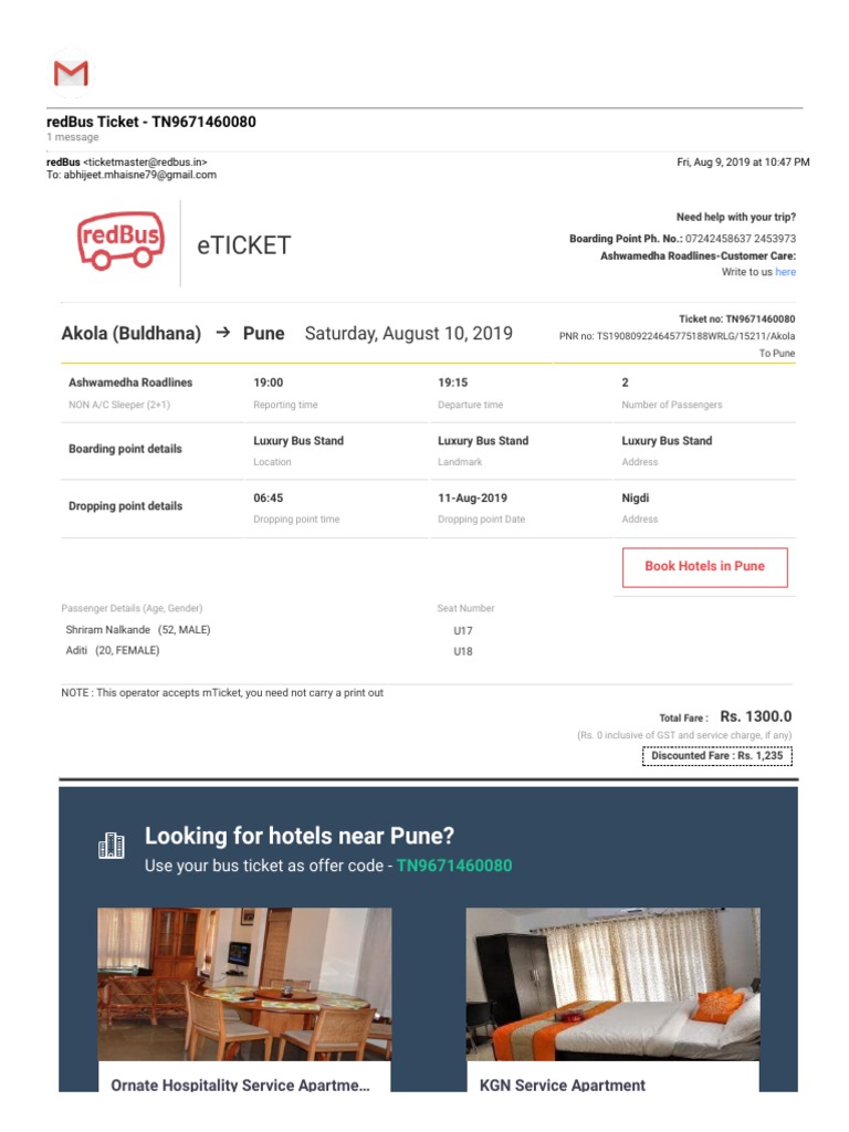 Gmail - Redbus Ticket - TN9671460080 PDF | PDF | Ticket (Admission) | Baggage