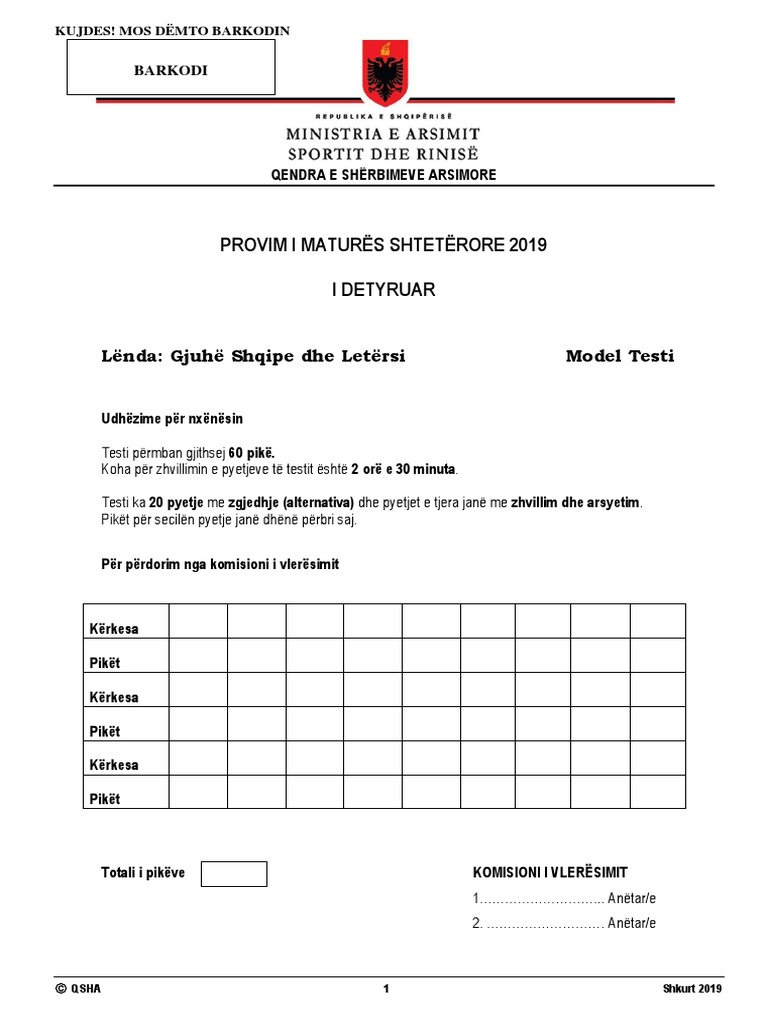 Gjuhe Shqipe Dhe Letersi Model Për MSH 2019 | PDF