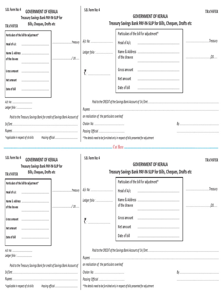 Kerala Treasury SB Pay-In-Slip | PDF | Rupee | Cheque