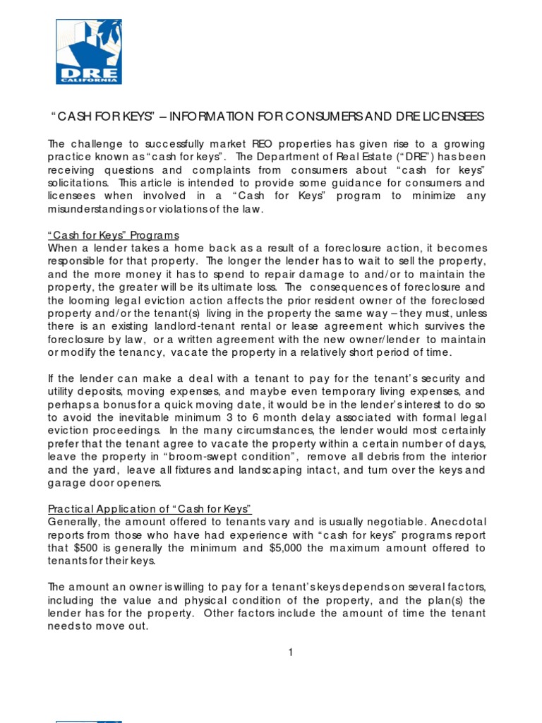 Cash For Keys | PDF | Leasehold Estate | Foreclosure