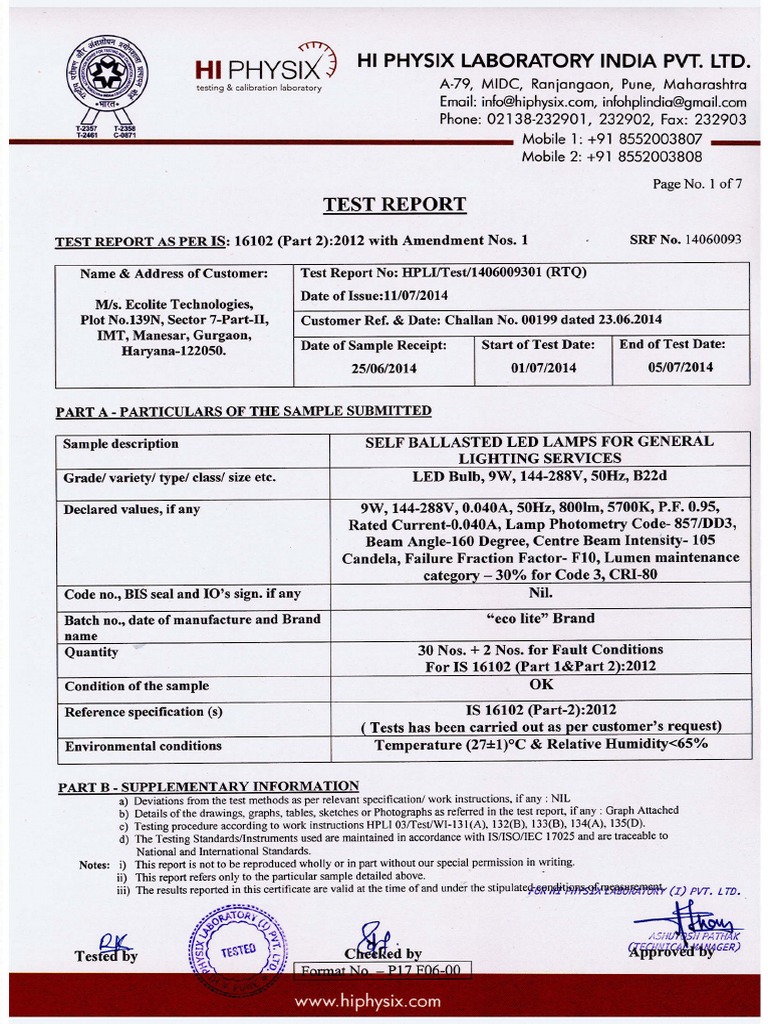 Test Report of Eco Lites | PDF
