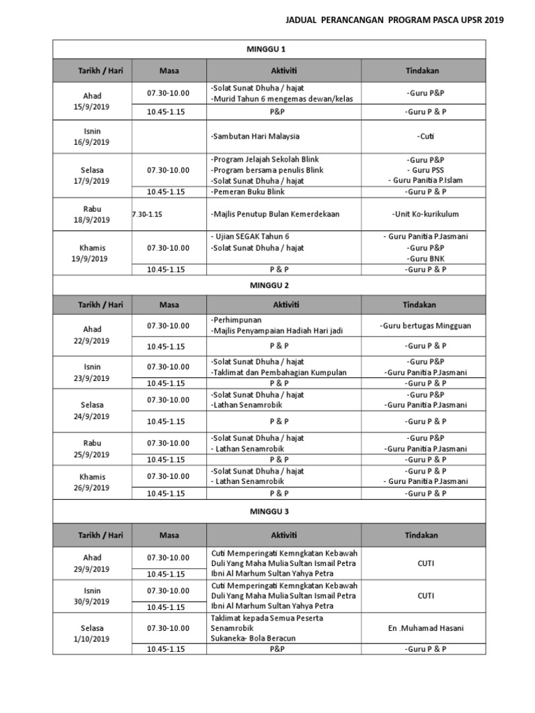Jadual Perancangan Program Pasca Upsr 2019 | PDF