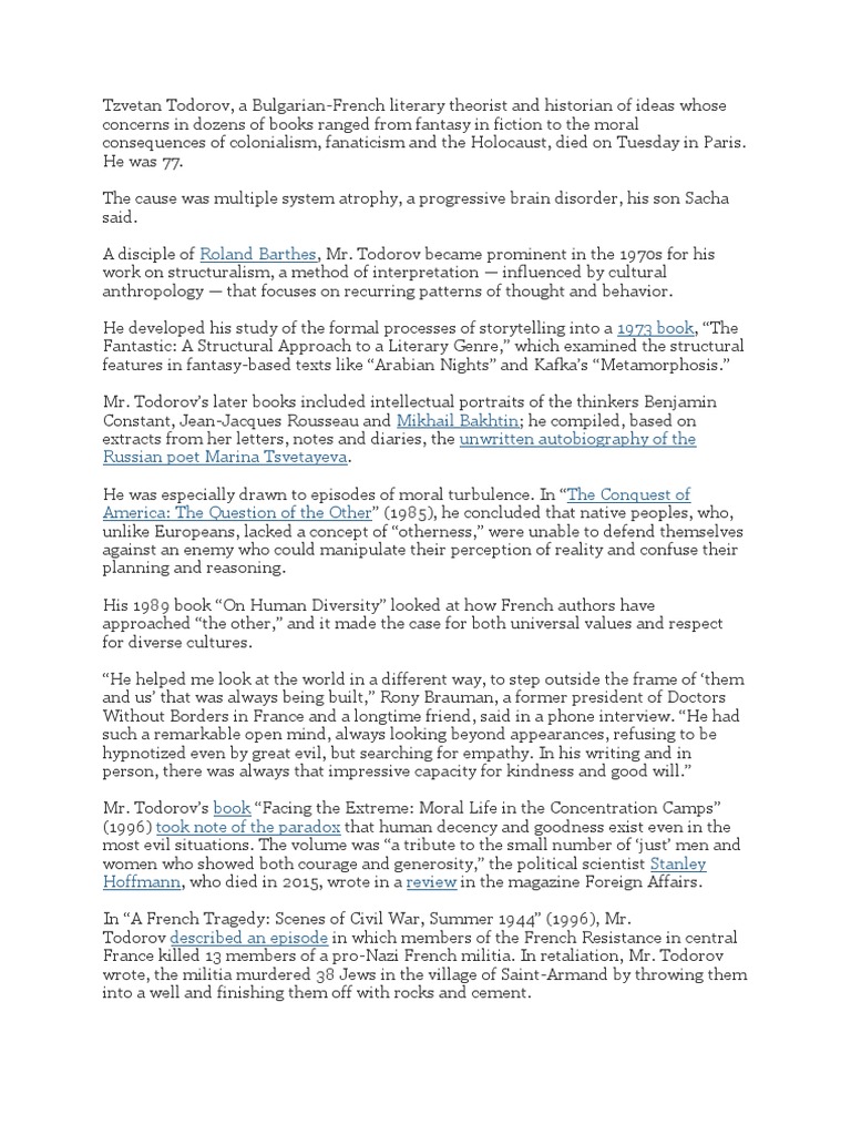Tzvetan Todorov: Theorist of Otherness | PDF | History