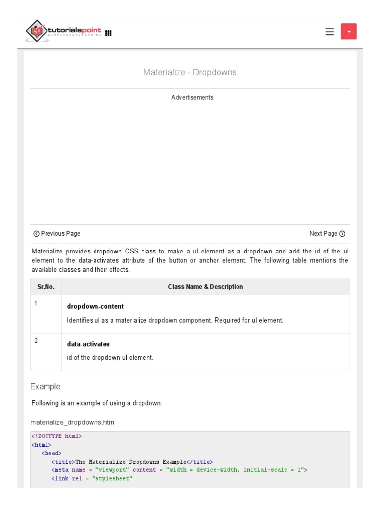 WWW Tutorialspoint Com Materialize Materialize - Dropdowns HTM | PDF | World Wide Web | Internet ...