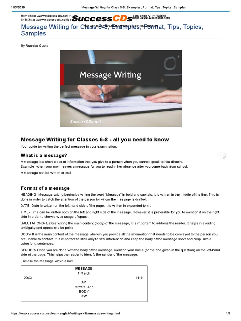 Message Writing For Class 6-8, Examples, Format, Tips, Topics, Samples ...