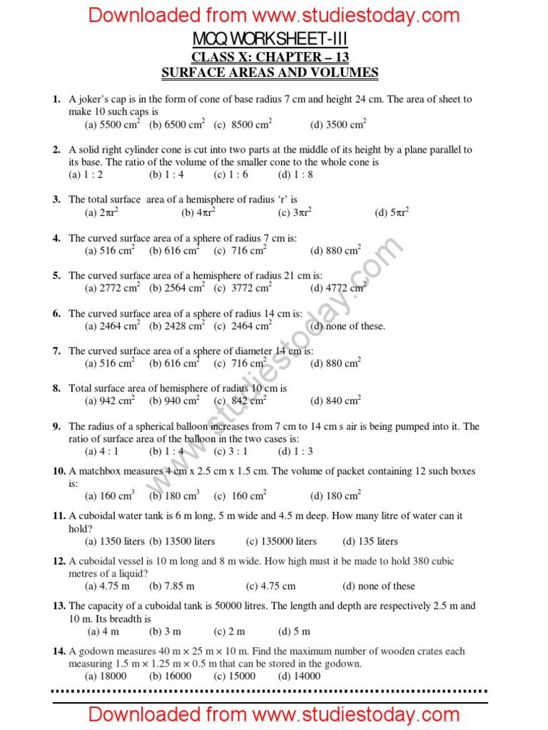CBSE Class 10 Surface Areas and Volumes MCQs Set C | PDF | Sphere | Surface Area