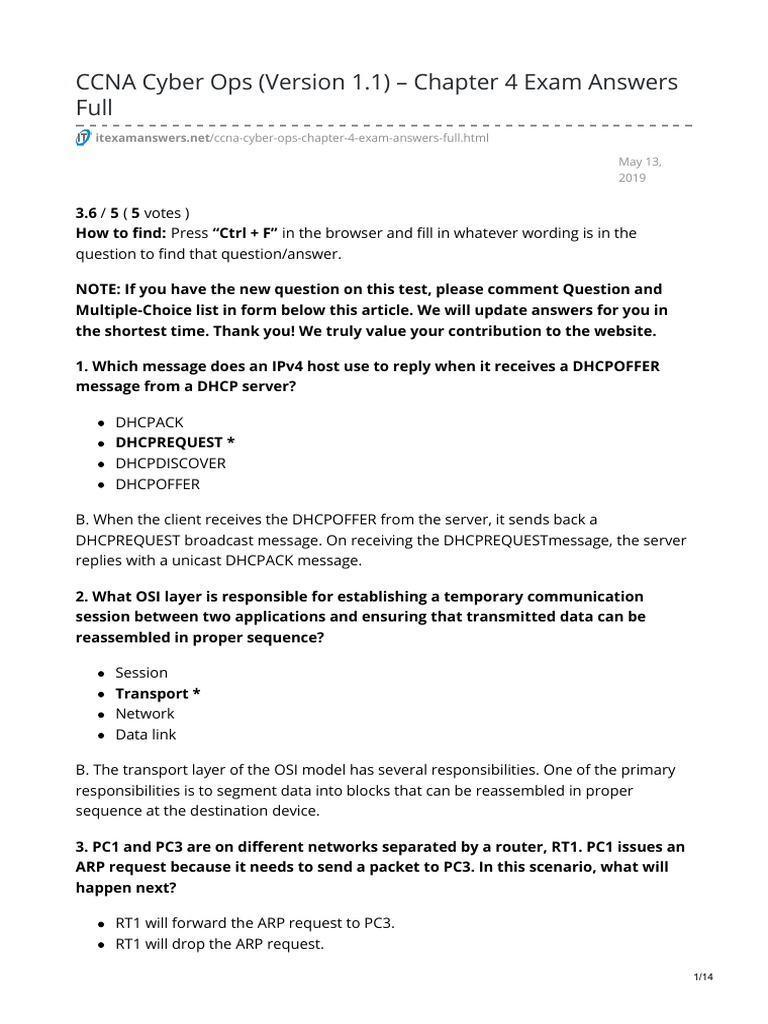 CCNA Cyber Ops Version 11 Chapter 4 Exam Answers Full | PDF | Internet Protocol Suite ...