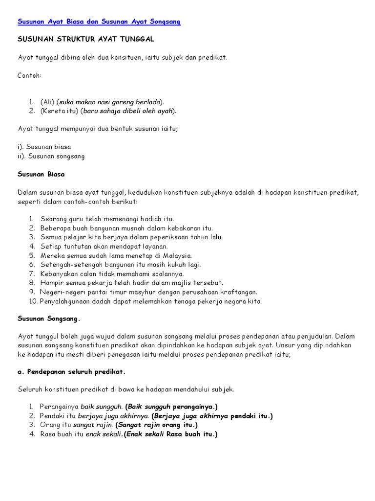 Susunan Ayat Biasa Dan Susunan Ayat Songsang | PDF