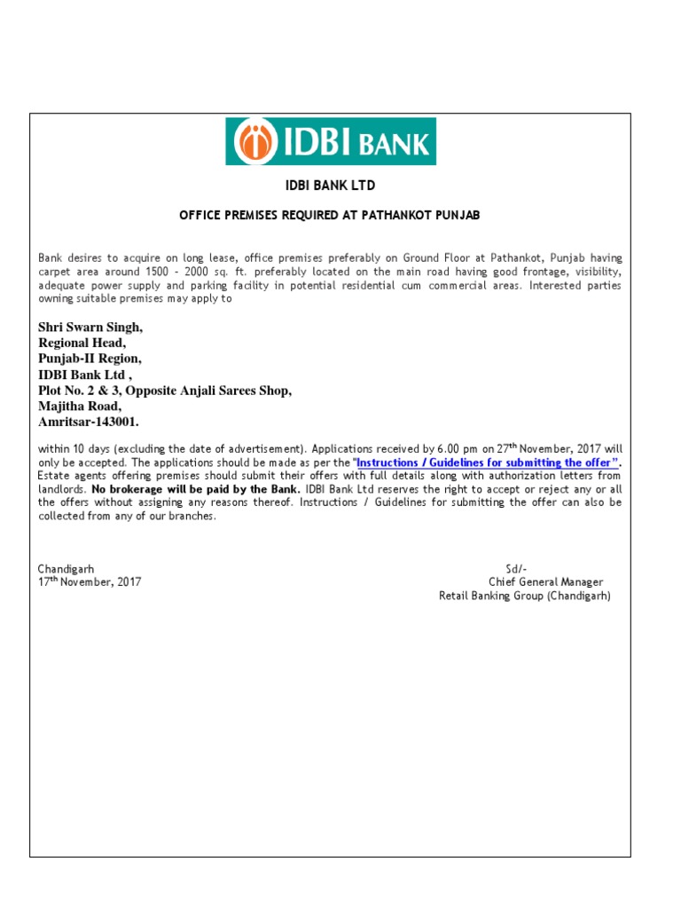IDBI Bank Office Space Tender in Pathankot | PDF | Lease | Wall