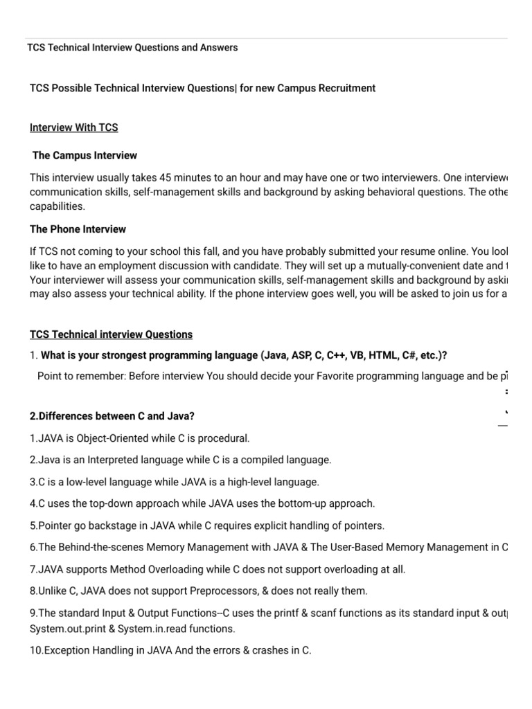 TCS Technical Interview Questions and Answers Updated On Dec 2019 | PDF | Pointer (Computer ...
