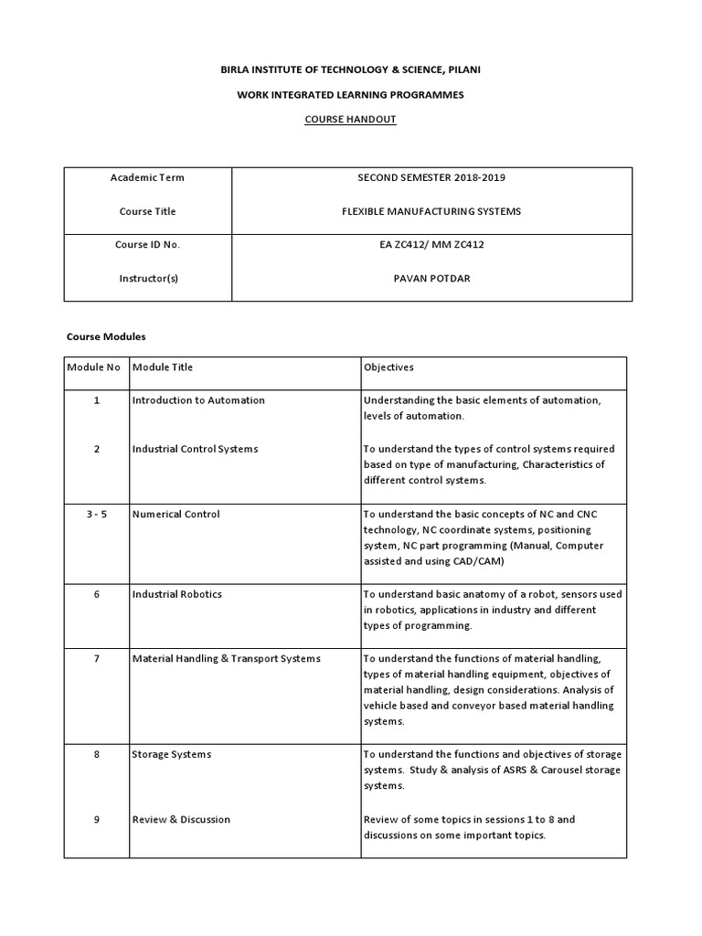 BITS Pilani's Flexible Manufacturing Systems Course Handout | PDF ...