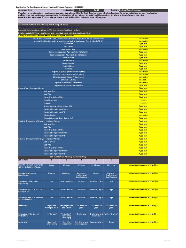 Electrical Project Engineer Application Form | PDF | Employment ...