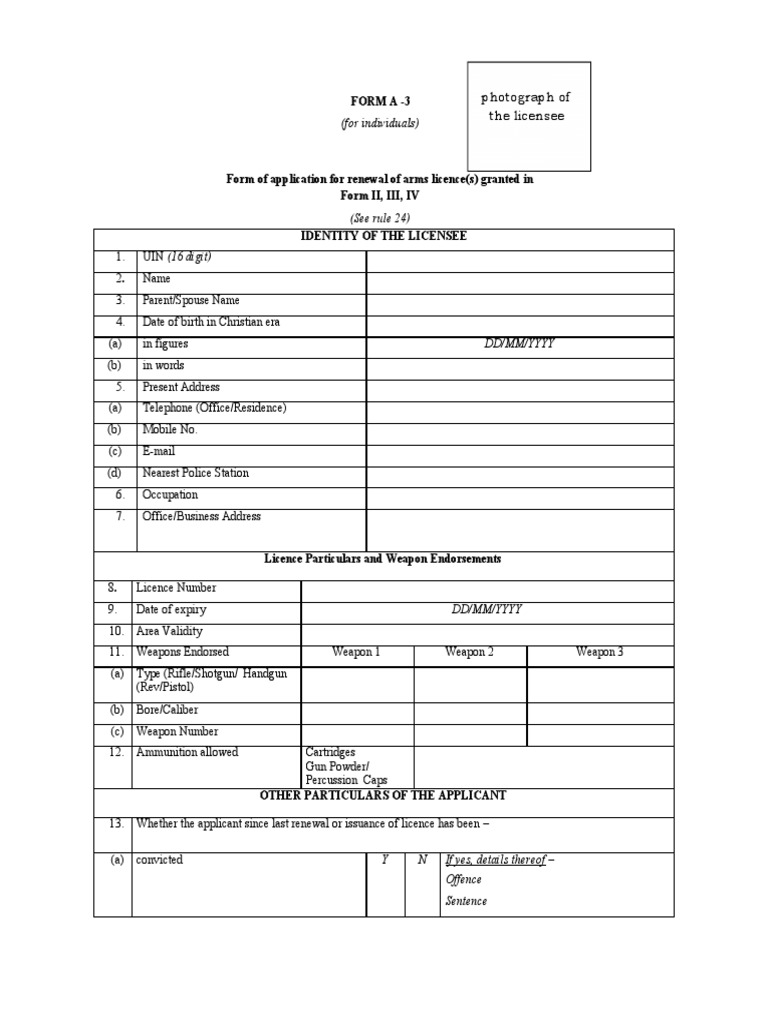 1 - 6 - 1 - Form For Renewal of Arms License | PDF | License | Handgun