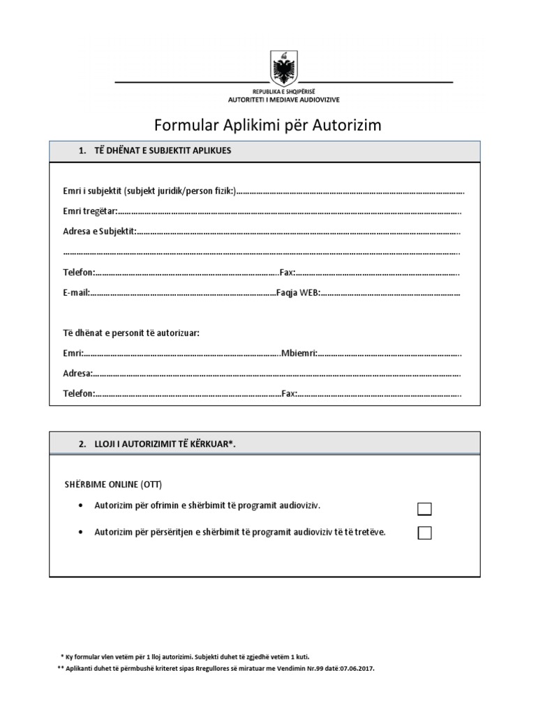 Formular Aplikimi Për Autorizim OTT PDF | PDF