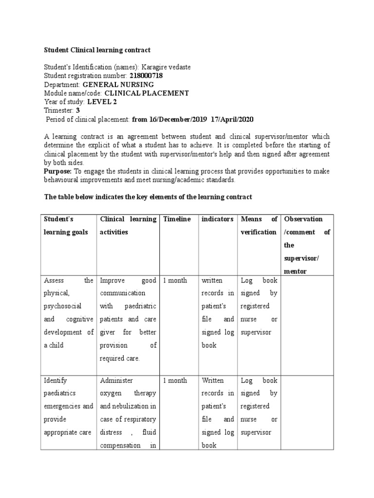 Clinical Learning Contract | PDF | Nursing | Pediatrics