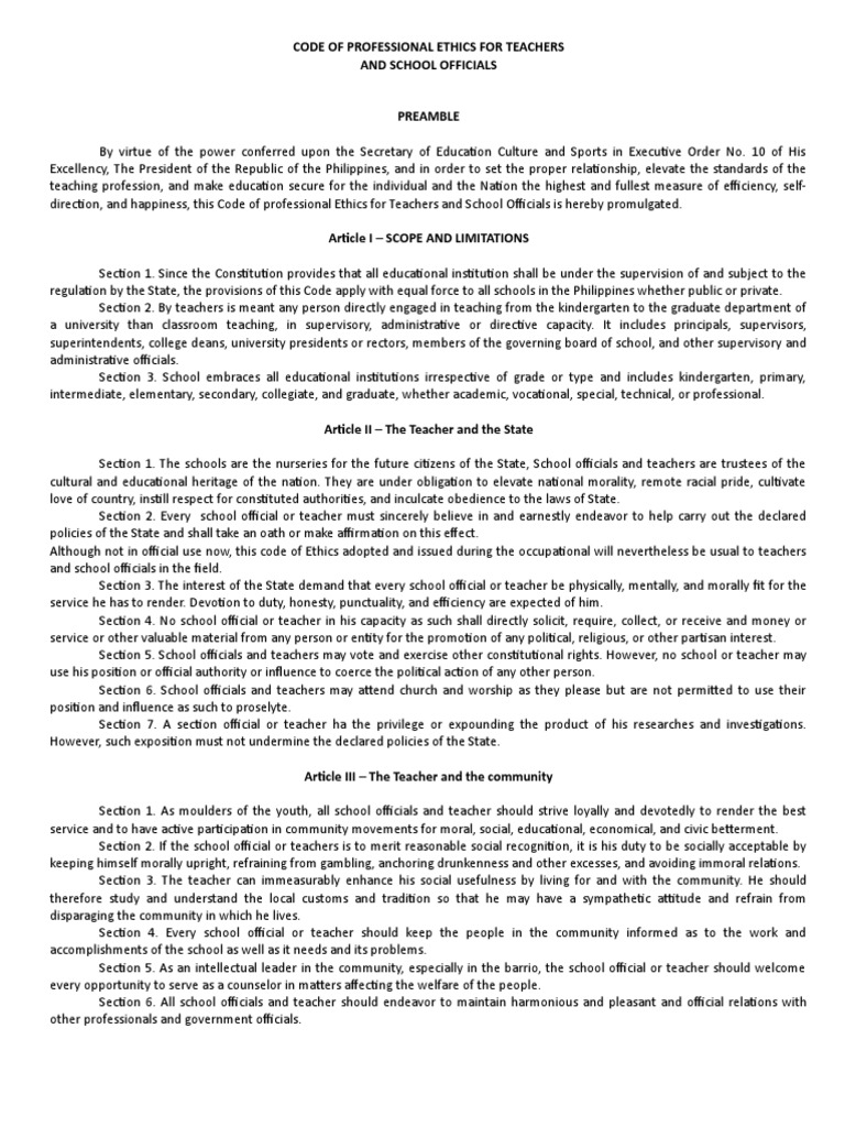 Code of Professional Ethics For Teachers | PDF | Teachers | Social ...