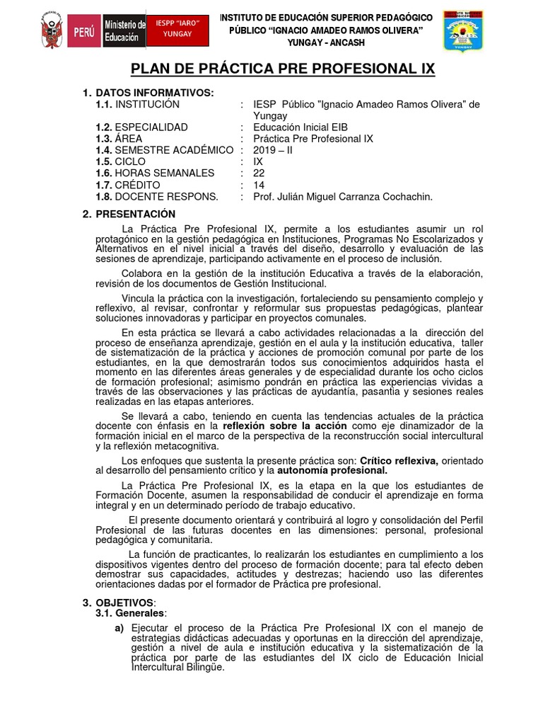 Plan de Practica Pre Profesional Ix Eiib 2019-Ii | PDF | Evaluación | Maestros