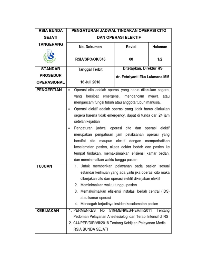 Spo Operasi Cito Elektif | PDF | Sains & Matematika