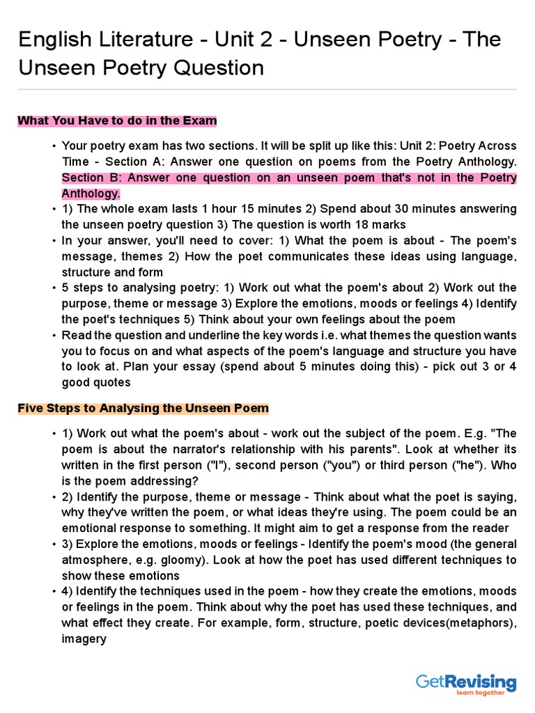 Unseen Poetry Exam Guide and Analysis | PDF | Poetry | Emotions