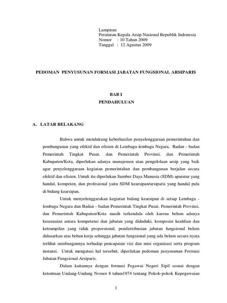 Pedoman Penyusunan Formasi Jabatan Fungsional Arsiparis Bab I ...