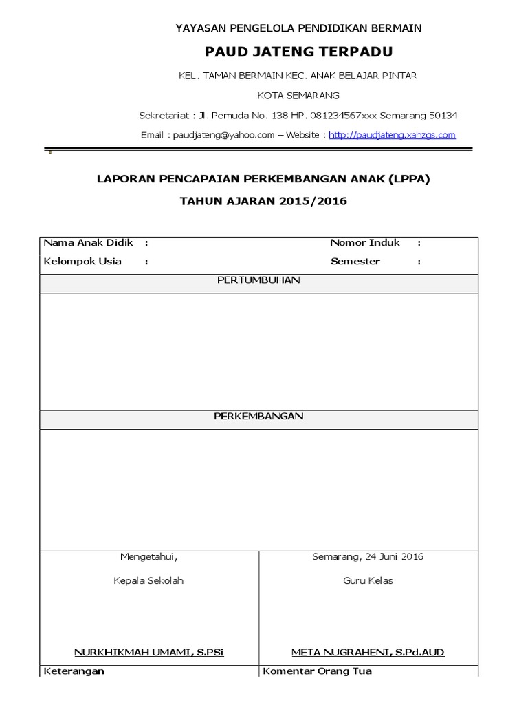 Format Lppa Paud Laporan Perkembangan Anak | PDF