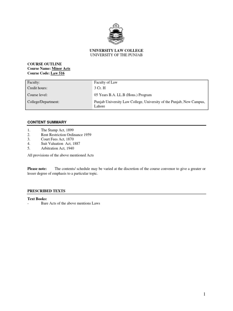 Minor Acts Course Outline - Law 516 | PDF | Law