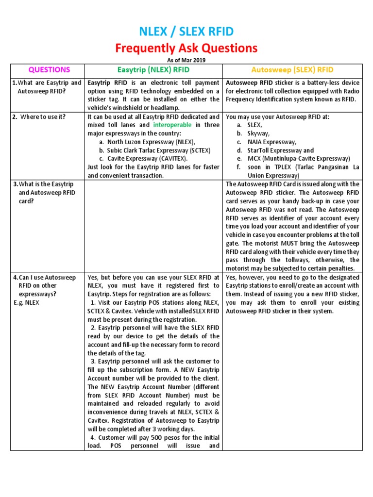 Combined FAQ of NLEX and SLEX RFID 27 March 2019 | PDF | Financial ...