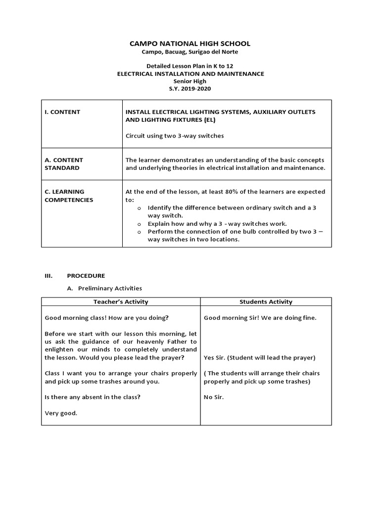 Lesson Plan for Electrical Installation | PDF | Switch | Lesson Plan