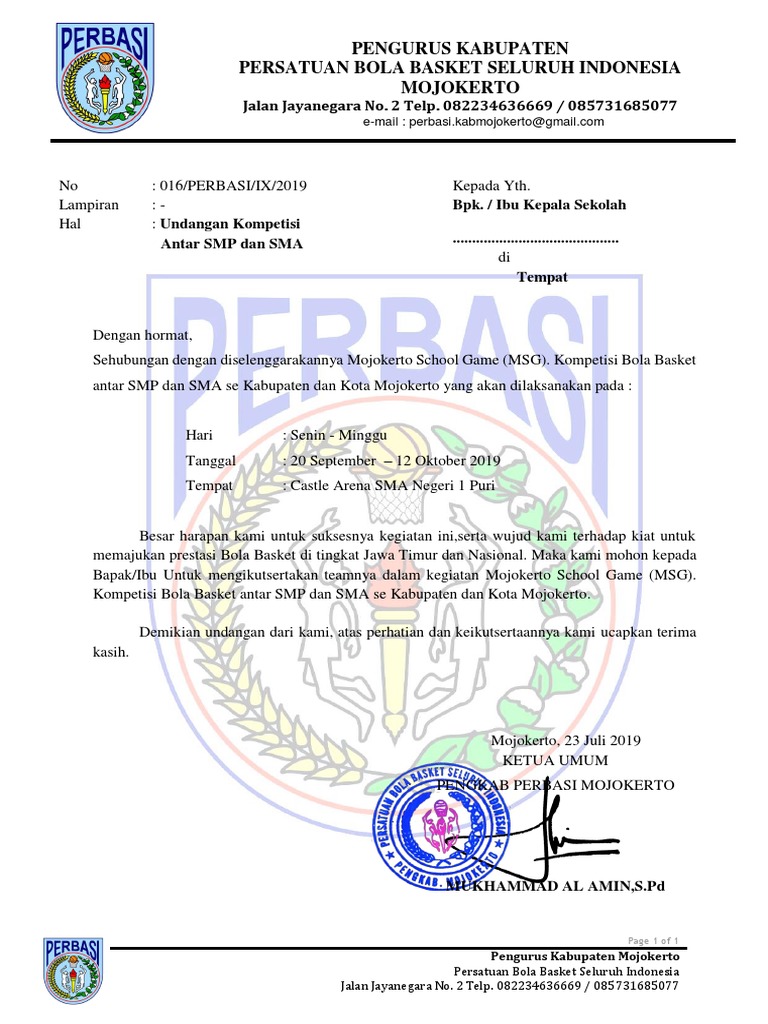 Undangan Kompetisi Basket Mojokerto 2019 | PDF