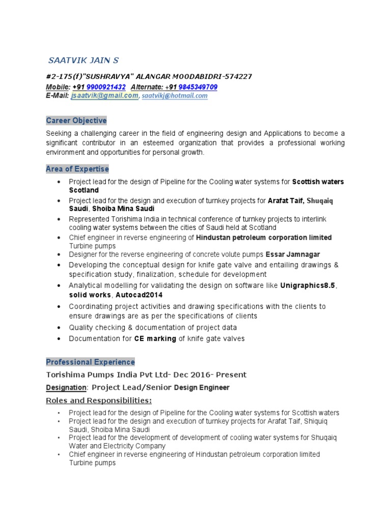 Saatvik Jain Resume - 15 - 12 - 2019 PDF | PDF | Pump | Engineering