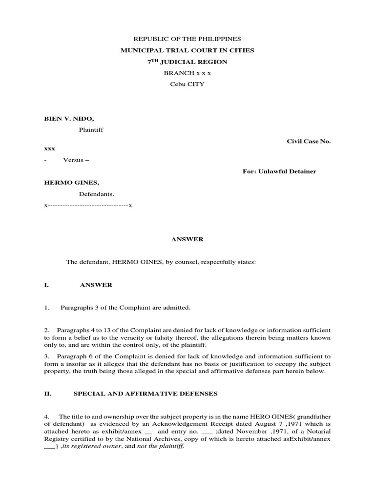 Answer Draft | PDF | Lawsuit | Complaint