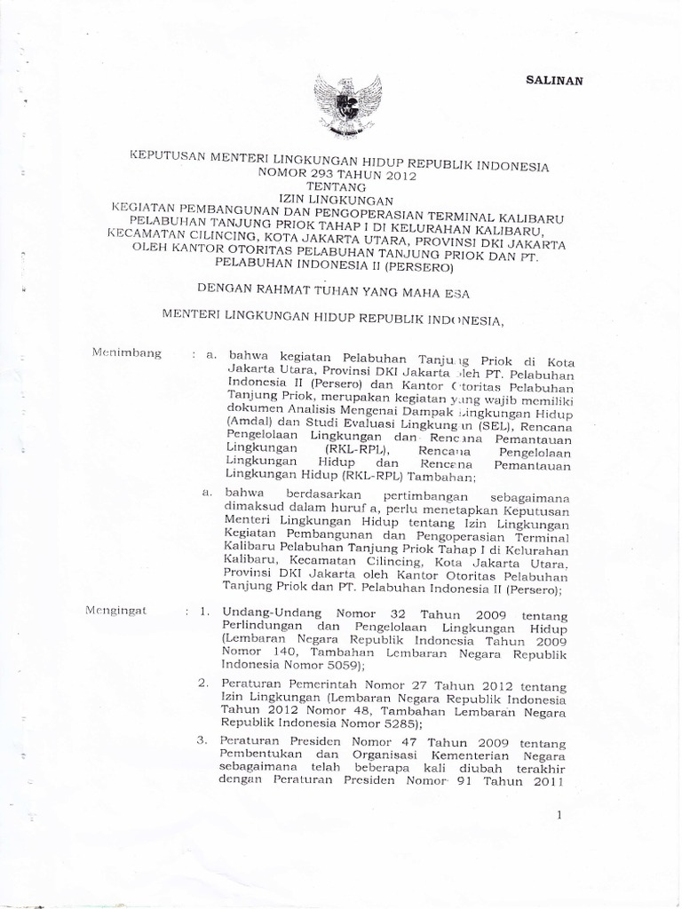 SK Menteri LH Izin Lingkungan Kegiatan Pembangunan Dan Pengoperasian Terminal Kalibaru Pelb TG ...