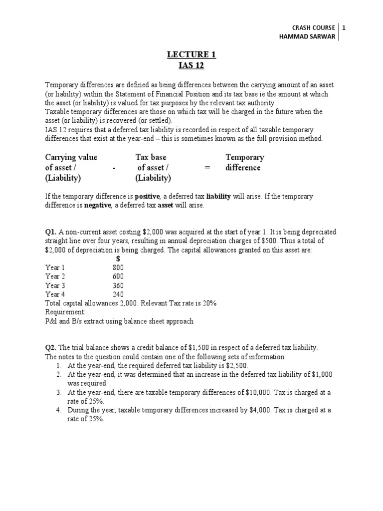 Carrying Value Tax Base Temporary of Asset / - of Asset / Difference ...