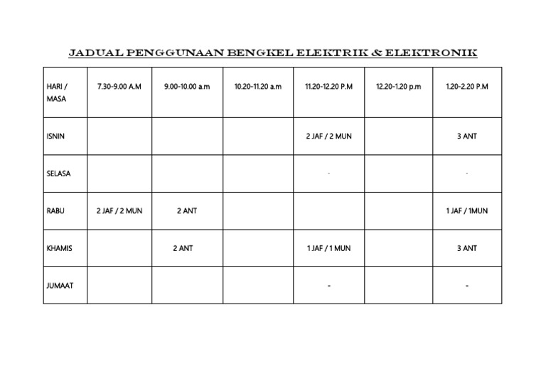 Jadual Penggunaan Bengkel ELEKTRIK | PDF | Sains & Matematika
