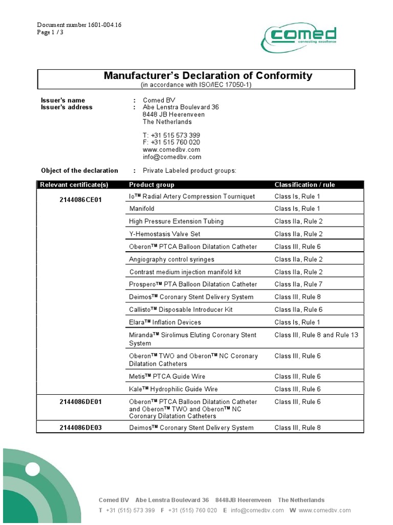 1601-004.16 Declaration of Conformity | PDF | Medical Device ...