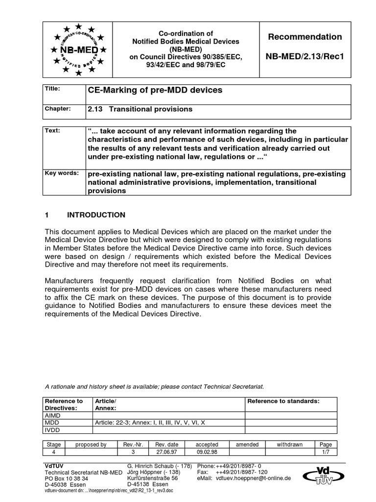 Guidance on Demonstrating Compliance of Pre-Medical Device Directive Devices to the Requirements ...