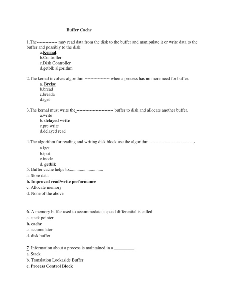 Design of UNIX Operating System M.J Bach MCQ UNIT - II | PDF | Cache (Computing) | Data Buffer