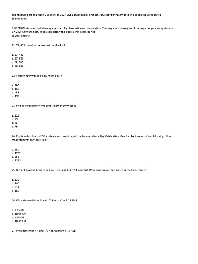 2017 Civil Service Exam Math Questions | PDF | Opera | Dolphin