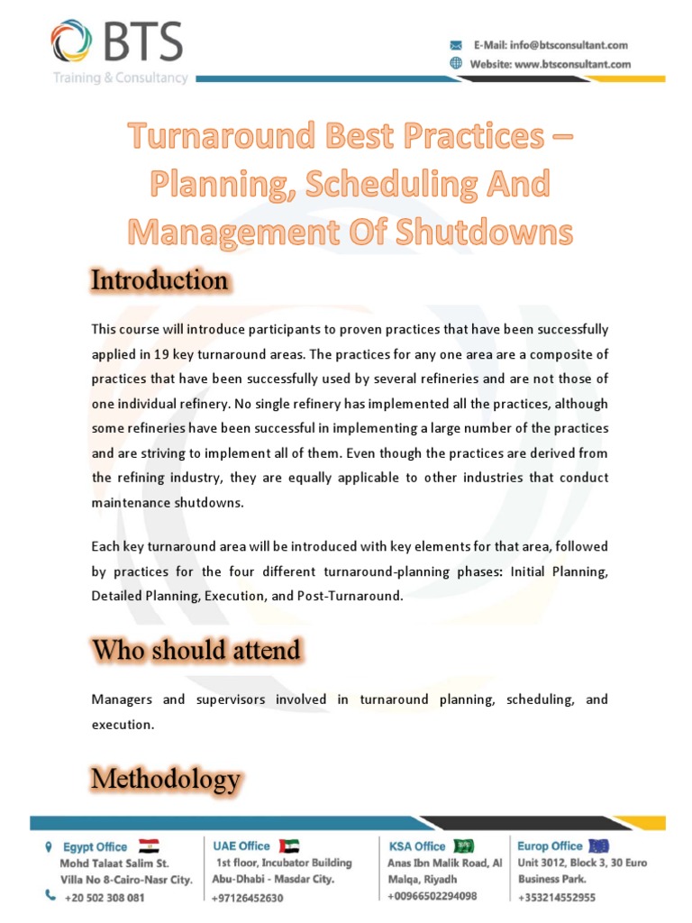 Turnaround Best Practices Planning Scheduling And Management Of